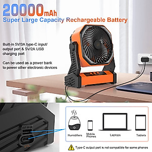 Camping Fan with LED Lantern, 20000mAh Rechargeable Battery Operated Tent Fan, 270°Rotation, 4 Speeds, USB Charging, Personal USB Fan for Camping Travel Fishing Power Outage Hurricane Jobsite