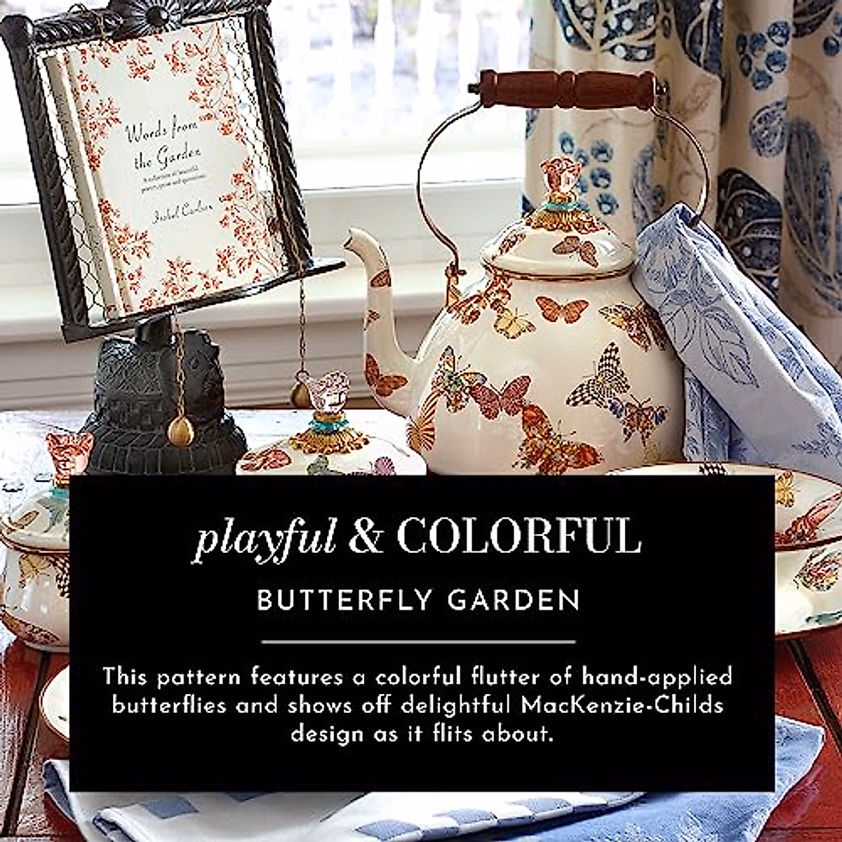 MacKenzie-Childs Butterfly Garden Canister with Lid, Decorative Food Canister, Medium, 1 Count (Pack of 1)