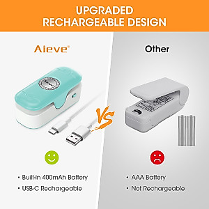 Aieve Bag Sealer Mini, 2 in 1 Bag Sealer Heat Seal with Cutter, USB-C Rechargeable Bag Sealer with Magnetic Back, Handheld Bag Sealer Mini for Plastic Bags Snacks and Food Storage, Blue