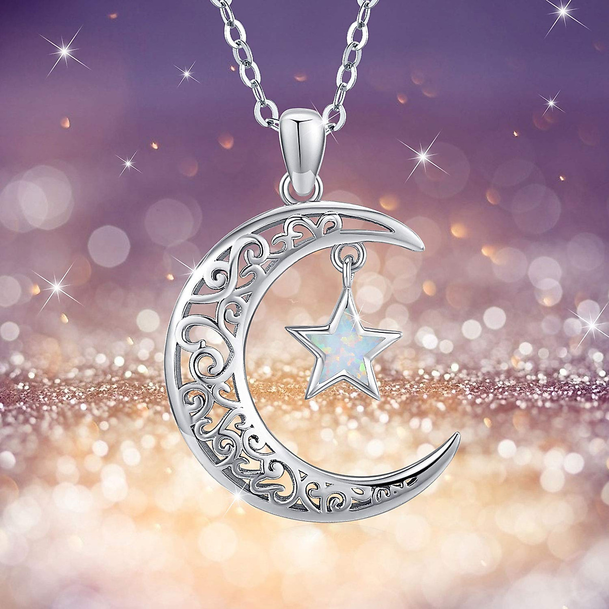 TRISHULA Moon Necklace for Women, 925 Sterling Silver Crescent Star Pendant with Opal Star Sparkling Crescent Moon Jewelry Gift for Women Teens Birthday Christmas Graduation