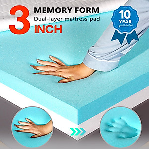 PECASOY 3 Inch Cooling Memory Foam Mattress Topper, High Density Supportive Foam Matress Topper with Washable Removable Bamboo Cover, Hypoallergenic, Bed Mattress Pad Queen Size