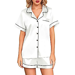 Senert Satin Pajamas Women's Short Sleeve Sleepwear Soft Silk Button Down Loungewear Pjs Shorts Set with Pockets White,X-Large