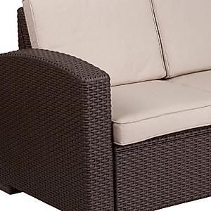 Flash Furniture Seneca Chocolate Brown Faux Rattan Loveseat with All-Weather Beige Cushions