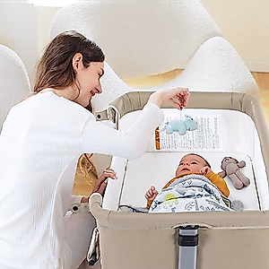 Ihoming Baby Bassinet Bedside Sleeper, Baby Bed Side Crib with Storage Basket, Easy Folding Bassinets, Adjustable Baby Bed for Infant Newborn, Pure Khaki