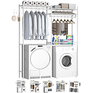 Loomie Over The Washer and Dryer Storage Shelf, Laundry Room Organization Shelves, 5 Tiers Adjustable Height Shelving,Space Saving Drying Organizers Rack with Wire Basket,Haning Hook & 2 Rods,White