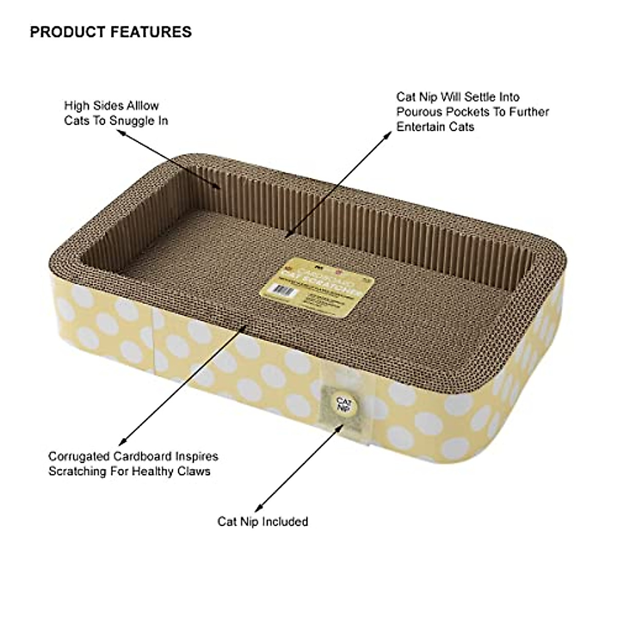 Petrageous 13079 Jerrys Rectangular Corrugated Cat Lounge Scratcher 20-Inch Long 12-Inch Wide 3.5-Inch Tall with Cat Nip is Great for Cats, Yellow