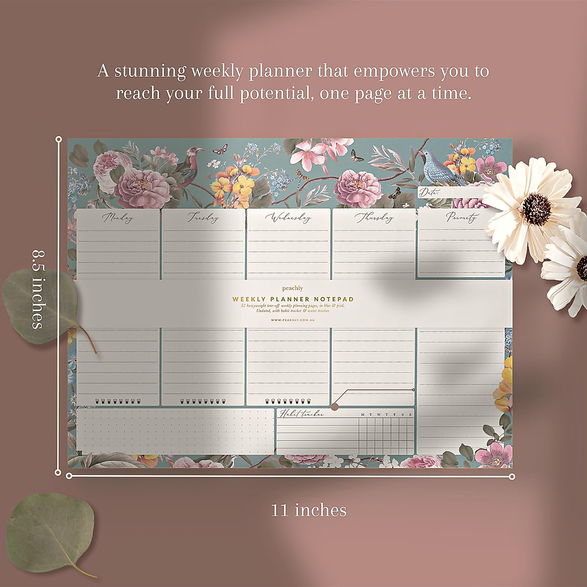 Peachly Weekly Tear Off Planner Pad - 52 Pages Desk Notepad with To Do List, Water Tracker and Habit Tracker 8.5 x 11 inches - Peony