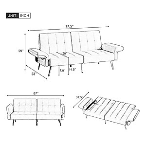 Majnesvon Modern Sofa Bed with Convertible Backrest, Convertible Armrests and Storage Pocket for Living Room, Bedroom, Office, Velvet Material (Beige)