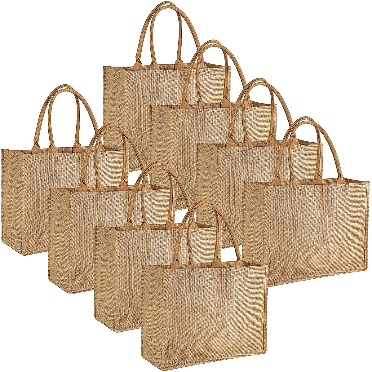 BeeGreen 8 Pack Burlap Jute Tote Bags Bulk X-Large Full Gusset with Inner Zipper Pocket & Cotton Handles Blank Burlap Bags for Beach Teacher Mother Bridesmaid Wedding DIY Decoration