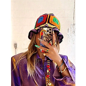 QWINEE Crochet Bucket Hat Colorblock Crochet Straw Hat Foldable Packable Knitted Fishing Hat Boho Daily Life Beach Hat for Women Multicolor