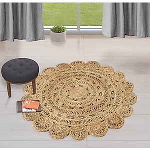 GRUHUM Handwoven 4ft Jute Area Rug-Natural Fiber Round Handmade Boho Farmhouse Rustic Vintage Soft Braided Reversible Rug-Indoor EcoFriendly Kitchen Bedroom Living Room Hallways Enterways 4'feet Round