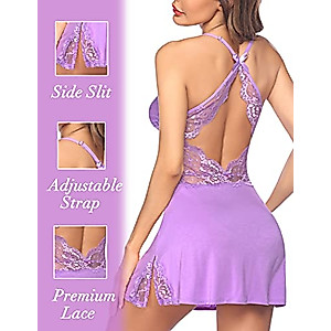 Avidlove Sexy Nightgowns for Women Lingerie Lace Chemise Sleepwear Babydoll Teddy Lingerie Light Purple
