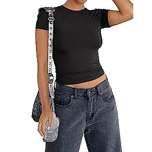 REORIA Women's Summer Casual Basic Mock Neck Short Sleeve Double Lined Going Out Trendy Y2K T Shirts Crop Tops Black X-Large