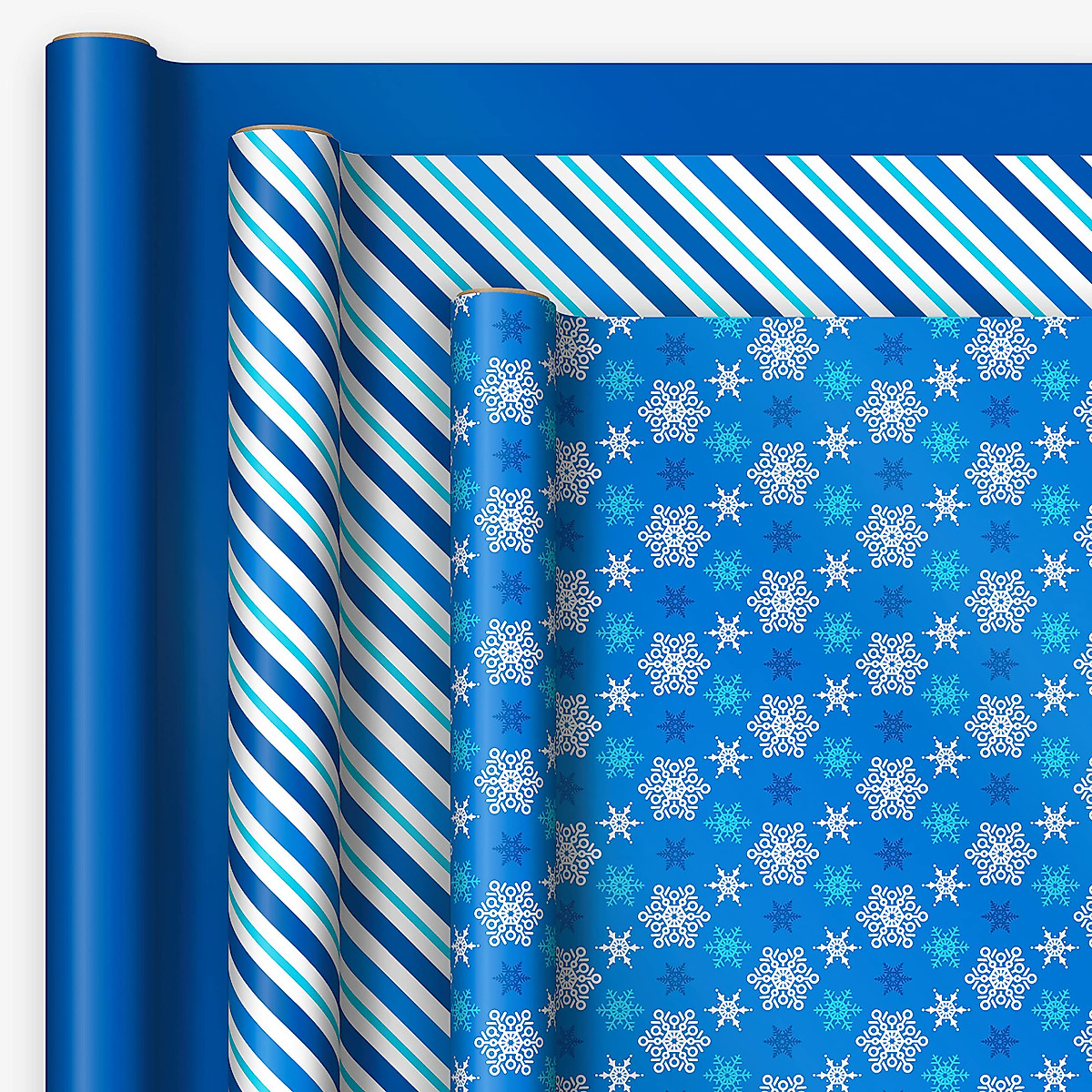 Hallmark Holiday Wrapping Paper with DIY Bow Templates on Reverse (3 Rolls: 120 sq. ft. ttl) Blue and White Snowflakes, Stripes, Solid Blue for Christmas, Hanukkah, Weddings, Birthdays