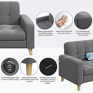 Yaheetech 2-Seater Fabric Sofa Loveseat with USB Ports Mid-Century Modern 65? W Couch Sofa with Solid Wood Legs for Living Room Apartment Bedroom Office Dark Gray