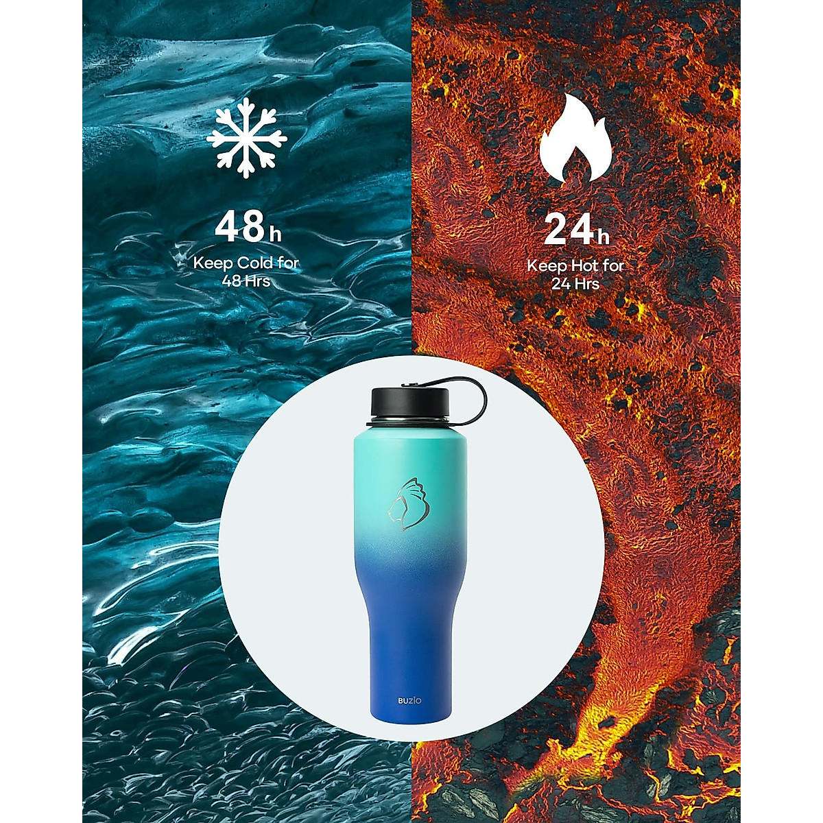 BUZIO 40 oz Insulated Tumbler with Straw and Lids, Stainless Steel Water Bottle Fits in Any Car Cup Holders, Double Wall Metal Tumbler Flask Large Capacity, Travel Cold Bottles, Leak-Proof Tumbler