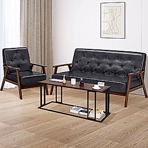 Giantex 3 Seat Sofa, Mid Century Retro Loveseat, Black Couch, PU Leather Upholstered Cushion, Rubber Wood Legs and Armrests, Stable A-Shaped Frame, for Living Room Bedroom Reception Room Office