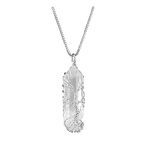 Top Plaza Natural Raw Stone Healing Crystal Necklace Silver Life Tree Wire Wrapped Clear Quartz Point Pendant For Womens Ladies Mothers Day Mom Gifts