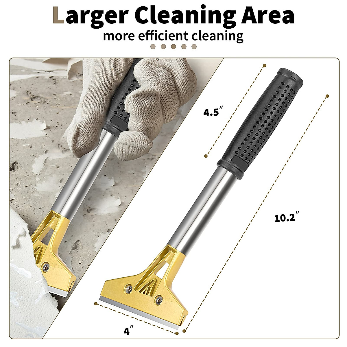 4 inch Razor Blade Scraper, Long Handle Large Cleaning Scraper Tool with 10PCS Extra Metal Blades for Removing Paint, Stickers, Adhesive, Caulk, Cement, Decals, Labels, from Floor, Glass, Window