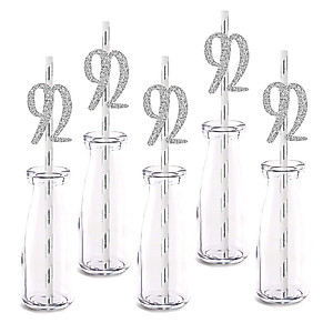 Silver Happy 92nd Birthday Straw Decor, Silver Glitter 24pcs Cut-Out Number 92 Party Drinking Decorative Straws, Supplies
