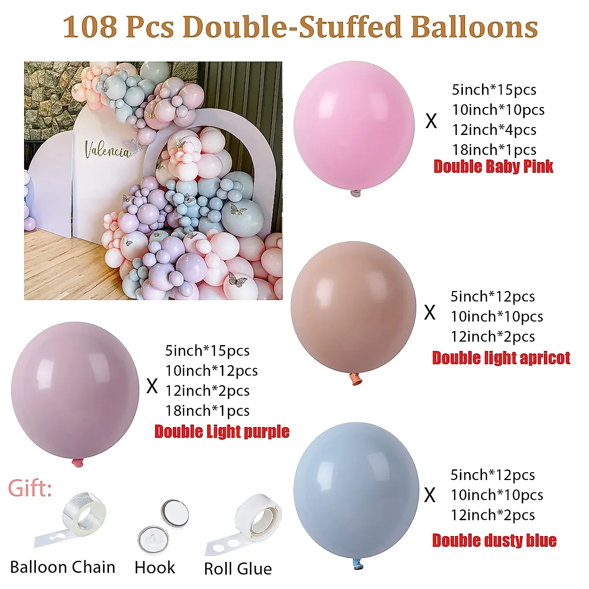 DIY 108Pcs Double-Stuffed Balloon Garland Arch Kit - Decorating Strip Kit for Garland Double Layer Baby Pink Apricot Dusty Blue Purple Balloons Set for Wedding Birthday Baby Shower Party Decoration…