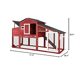 PetsCosset Chicken Coop Wooden Backyard Hen House - Indoor Outdoor for 2-3 Chickens, 2 Story Poultry Cage with Run, Chicken Nesting Box, Pull Out Trays and Anti-Slip Asphalt Ramp