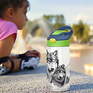 Kigai Gray Wolf Kids Insulated Water Bottle with Straw - Stainless Steel Travel Tumbler Double Wall Vacuum Leak Proof Kids Cup Hot for School Boys Girls