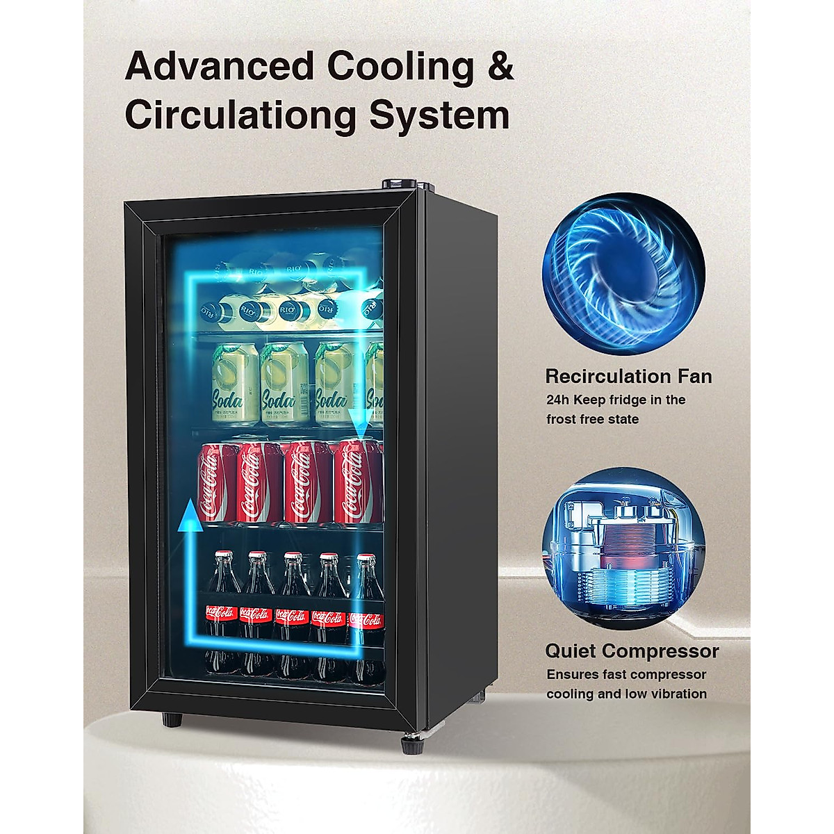 Iorbur FLB-60 Refrigerator Cooler-120 Can Freestanding Beverage Cooler with Glass Door-Small Drink Dispenser Machine for Office or Bar with Adjustable Removable Shelves, Black