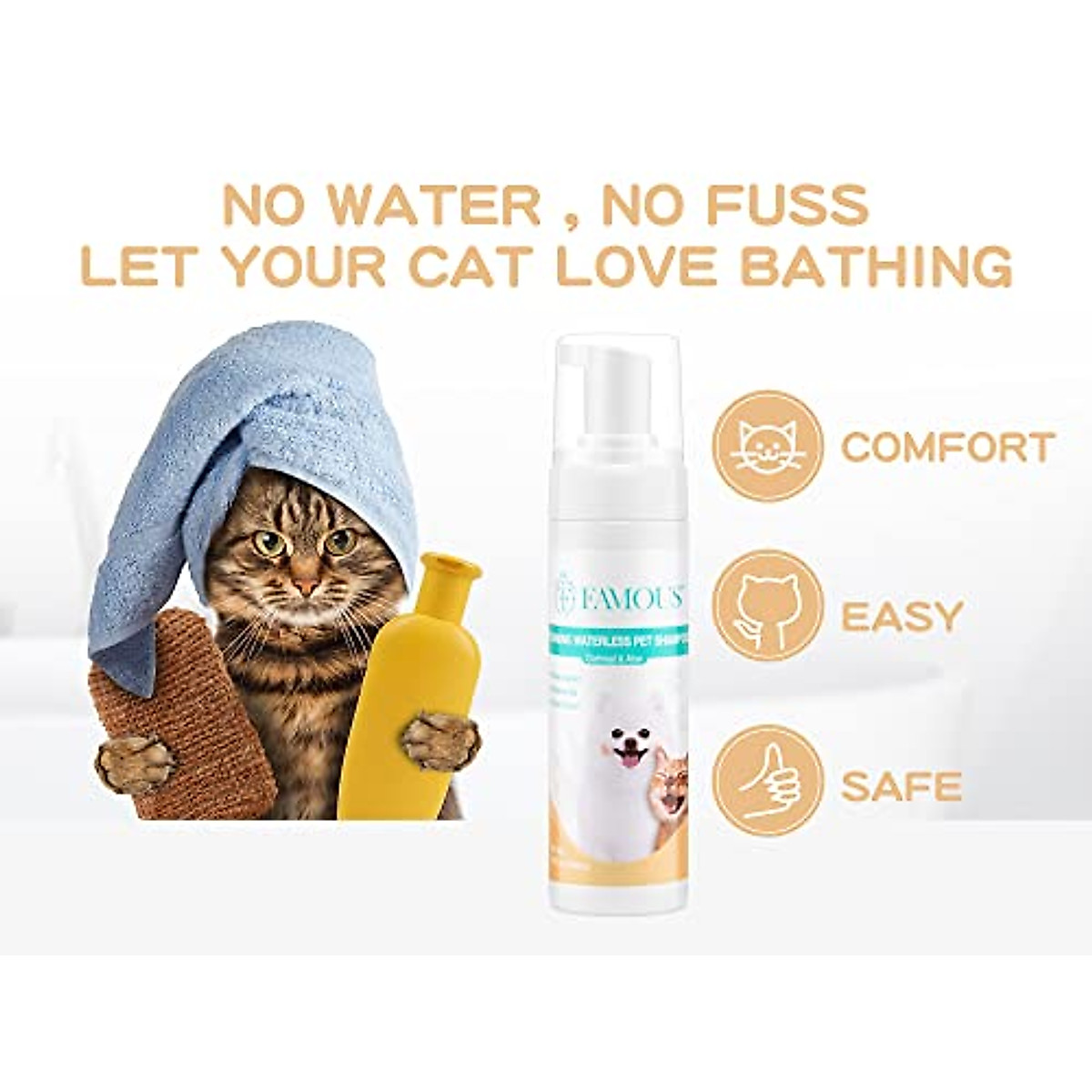 FAMOUS Waterless Cat Shampoo, Dry Shampoo for Cats, Rinse Free and Relieves Hairballs, for Smelly Pets, Natural Ingredients Pet Shampoo Without Alcohol, No Water or Rinses Needed