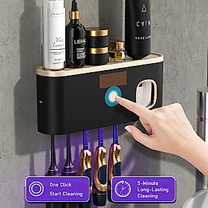 Toothbrush Holders Wall Mounted for Bathrooms, Toothbrush Holder with Automatic Toothpaste Dispenser, Electric Toothbrush Holder with Solar Charging, Toothbrush Organizer with 5 Brush Slots (Black)