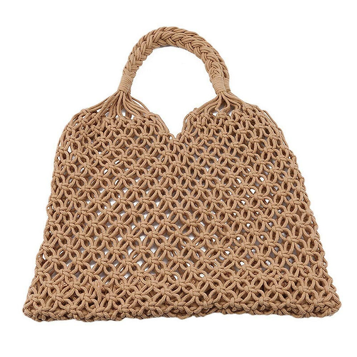 Hixixi Cotton Rope Totes Travel Beach Fishing Net Handbag Shopping Woven Shoulder Bag for Women Girls (Khaki)