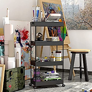 SPACEKEEPER Storage Cart 4-Tier, Bathroom Rolling Cart Utility Storage Organizer Shelf Mobile Shelving Unit for Kitchen Living Room Bathroom Laundry Room & Dressers, Black