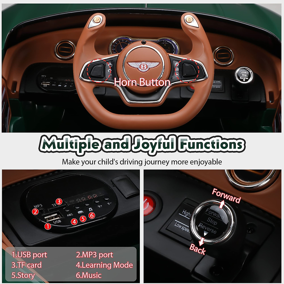 Tobbi 12V Licensed Bentley Electric Kids Ride On Racer Cars Toy Battery Powered Vehicle with Remote Control 3 Speeds MP3 USB in Blackish Green