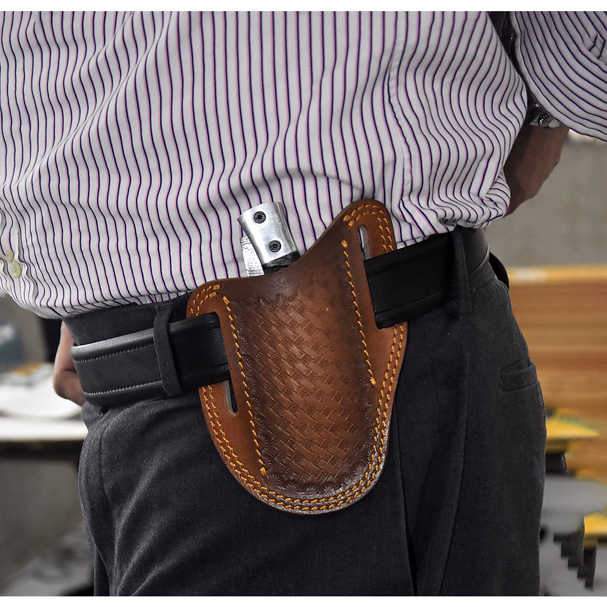 Hercules Knives Custom Leather Sheath Slanted Pancake Tooled Leather Sheath/Trapper Knife Sheath/Hunting Knife Sheath 100% Real Leather Cover/Tan Both Side Carry Design (LSA)