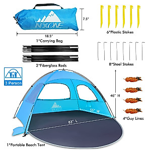 NXONE Beach Tent Sun Shade Shelter for 2-3 Person with UV Protection, Extended Floor, 3 Mesh Roll Up Windows & 8.0mm Fiberglass Rods丨Carry Bag Included (Ocean Blue)
