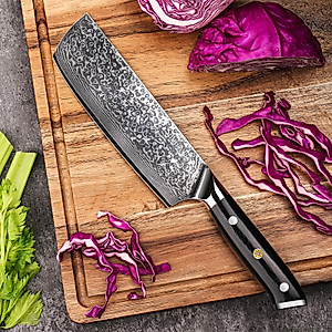 Sunnecko Damascus Kitchen Knife Japanese Nakiri Knife 7 Inch Cooking Knife Vg-10 High Carbon Stainless Steel with G10 Handle