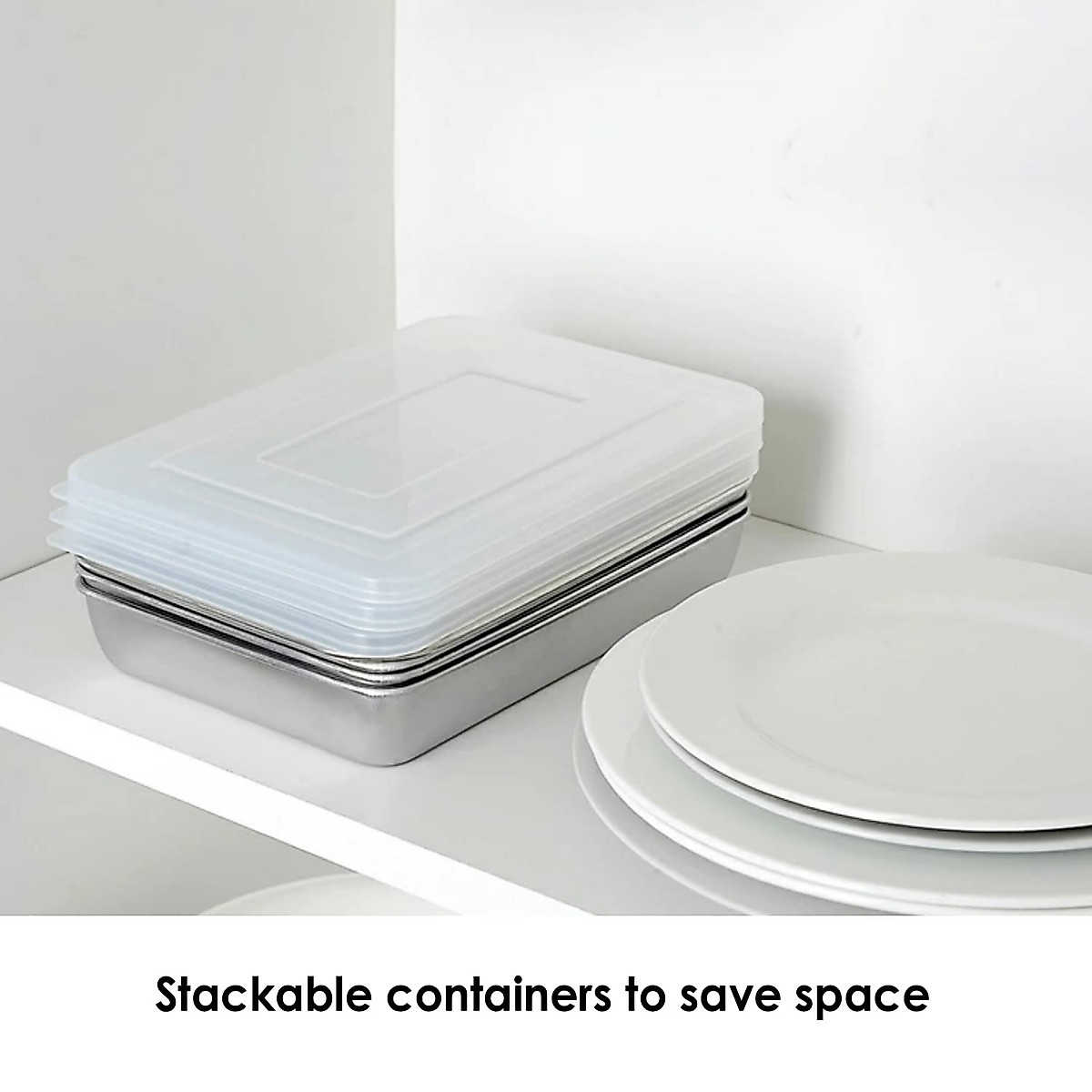 YAMAZEN, 7-Piece Set Stainless Steel Stackable Kitchen Food Containers With Flexible Clear Lids & Stainless Steel Strainer | Marinade Storage Trays | Refrigerator Fridge Freezer | Storage Kitchen