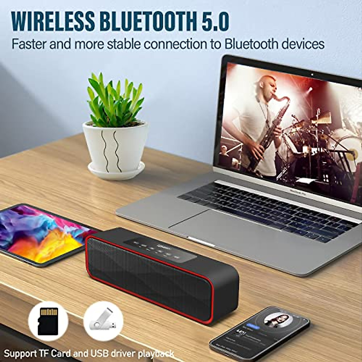 Portable Wireless Bluetooth Stereo Speaker with Powerful Sound 10W Acoustic Drivers Built-in Mic FM Radio Micro SD Card USB AUX-in Slot for Smartphone, PC, MP3 and More