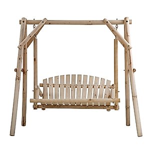 Swing and Swing Frame Combination Porch Swing with Stand Log Swing Stand 67 Inch Wooden Porch Swing A-Frame Backyard Swing Chair Outdoor Rustic Curved Garden Swing Bench, Nature