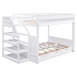 SOFTSEA Full Over Futon/Full Bunk Bed with Storage Staircases, Convertible Couch and Bed with Drawers, Wood Bunk Bed Frame for Kids Teens, No Box Spring Needed (White)