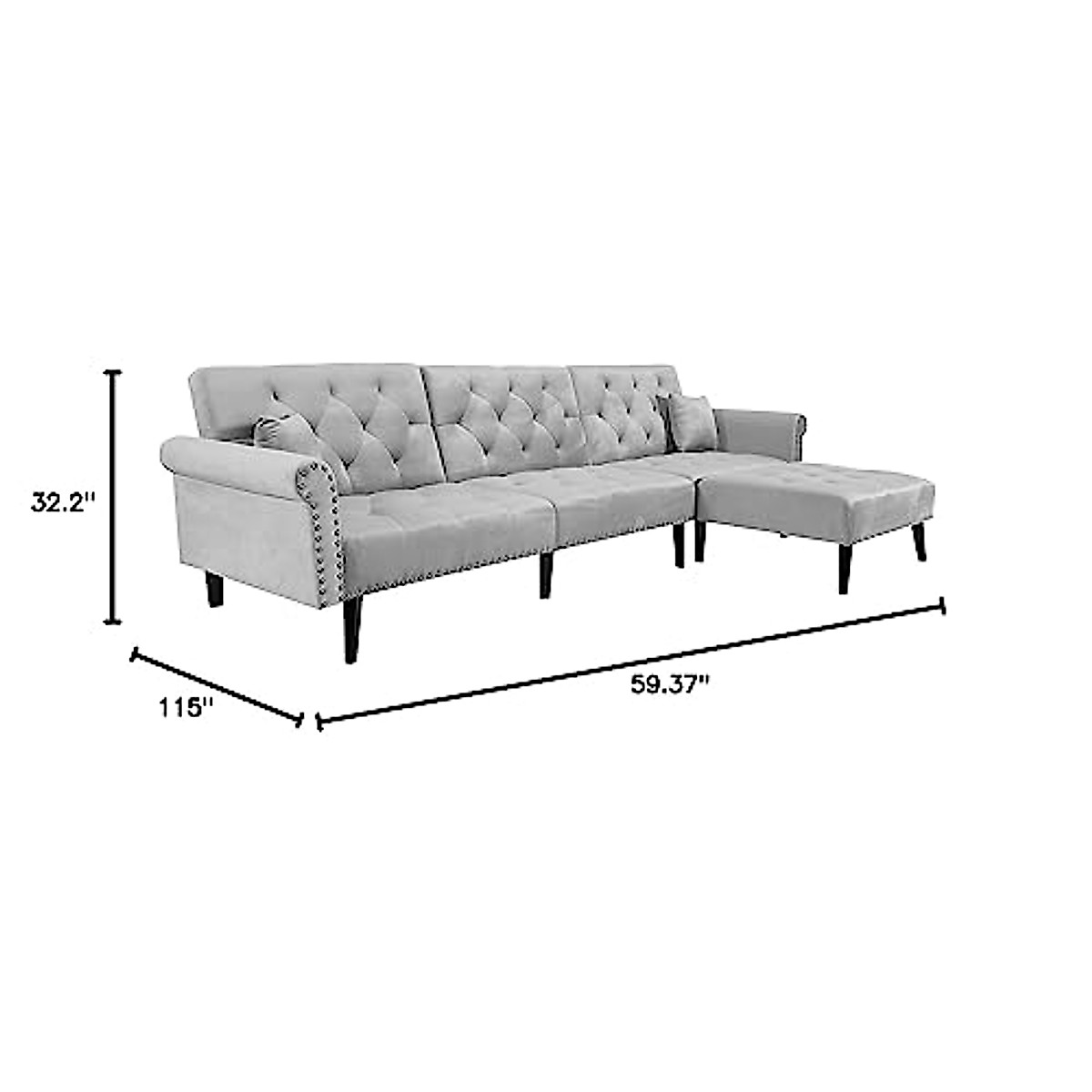 POCIYIHOME Right Hand Facing Sectional Sofa with Velvet Button Tufted, L Shape Chaise with Nail Head Detail, Conical Wood Leg, 2 Pillows, Modern & Elegant, Home Furniture for Living Room, Light Grey