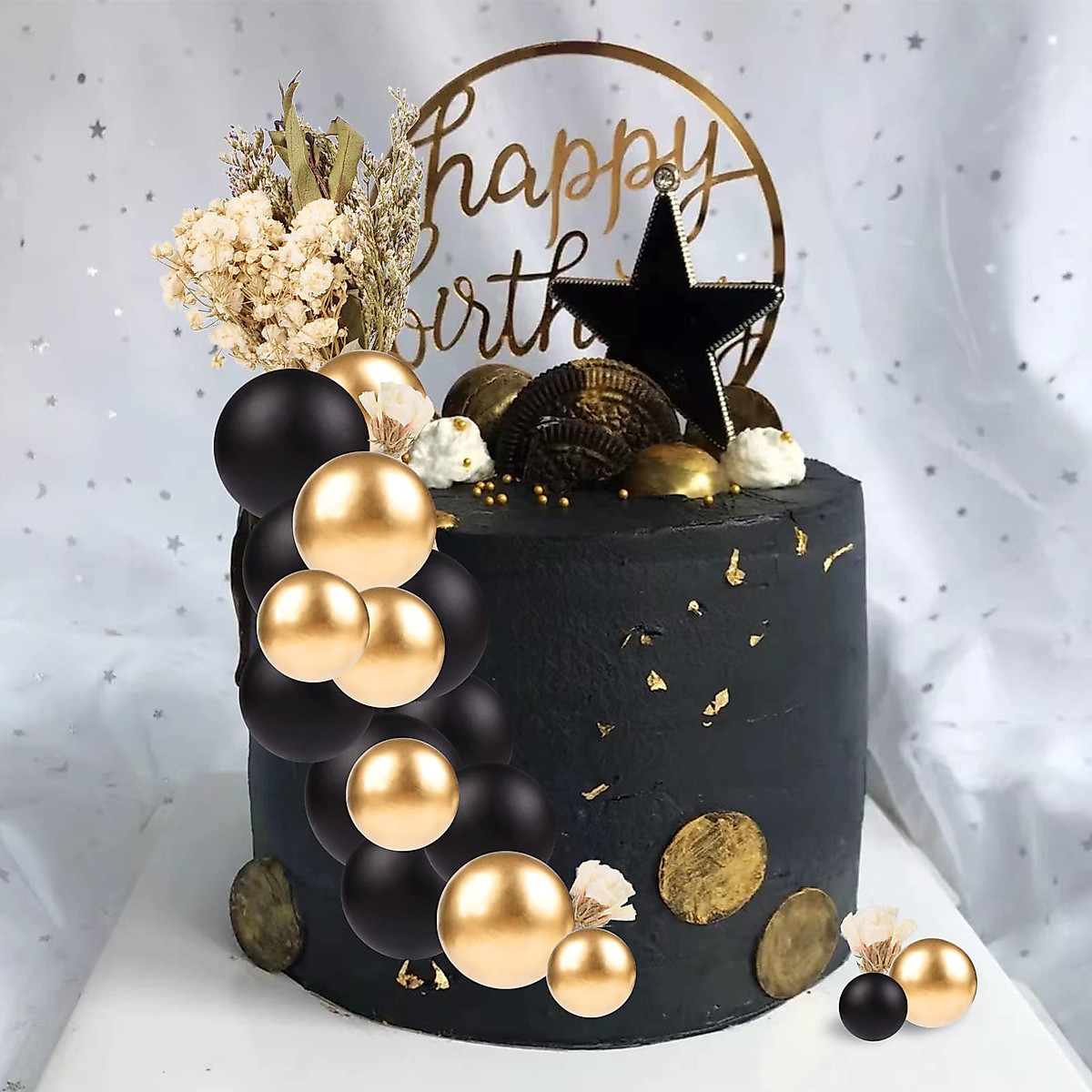 33 PCS Mini Ball Cake Topper Cupcake Insert Acrylic Cake Topper Artificial Dried Flowers Cake Decorations for Anniversary Graduation Birthday Party Baby Shower (Black, Gold)