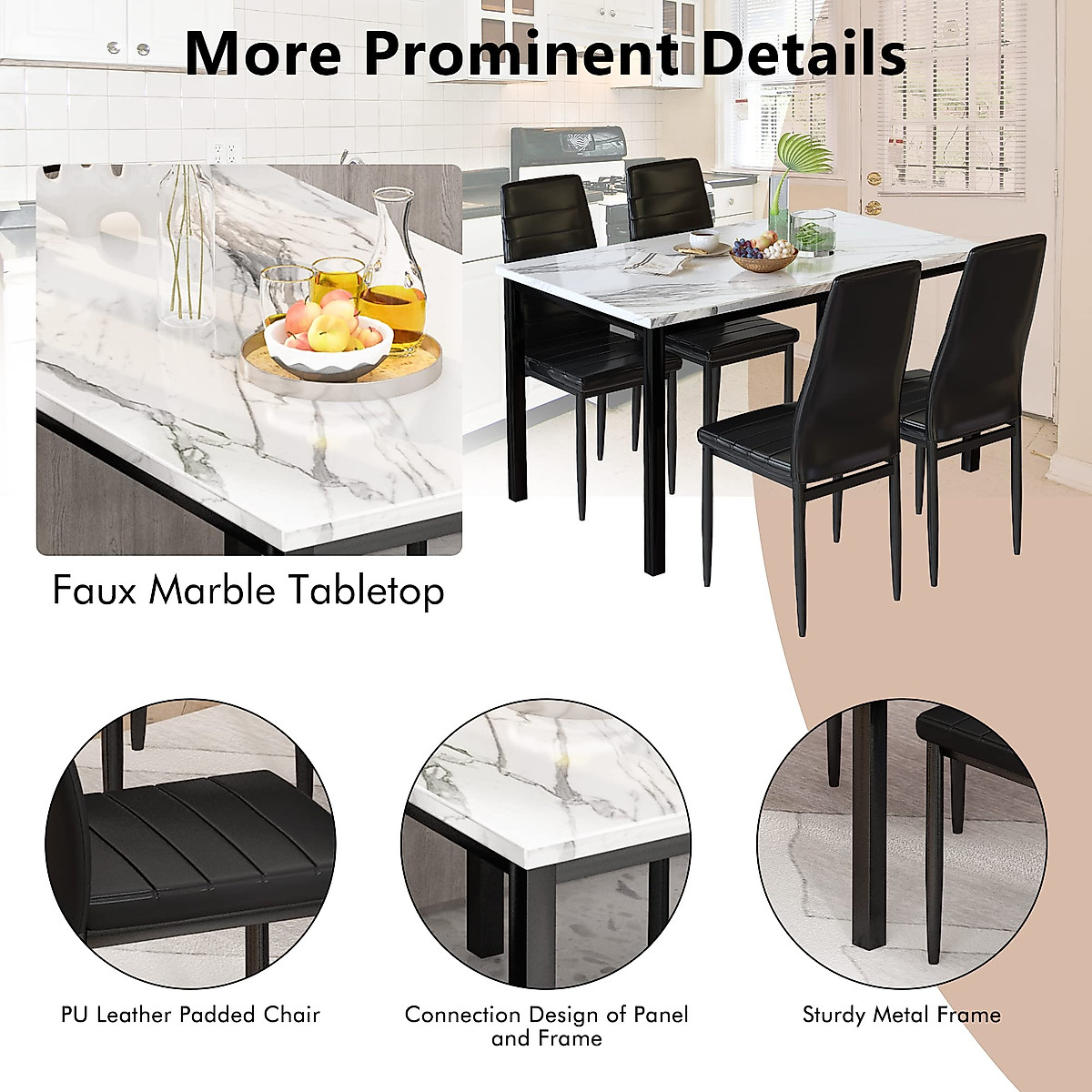 AWQM 5 Pieces Dining Table Set, Dining Room Table Set for 4 for Breakfast Nook, Compact Space, Kitchen Table Set with Faux Marble Pattern Table and 4 PU Leather Upholstered Chairs, White Black