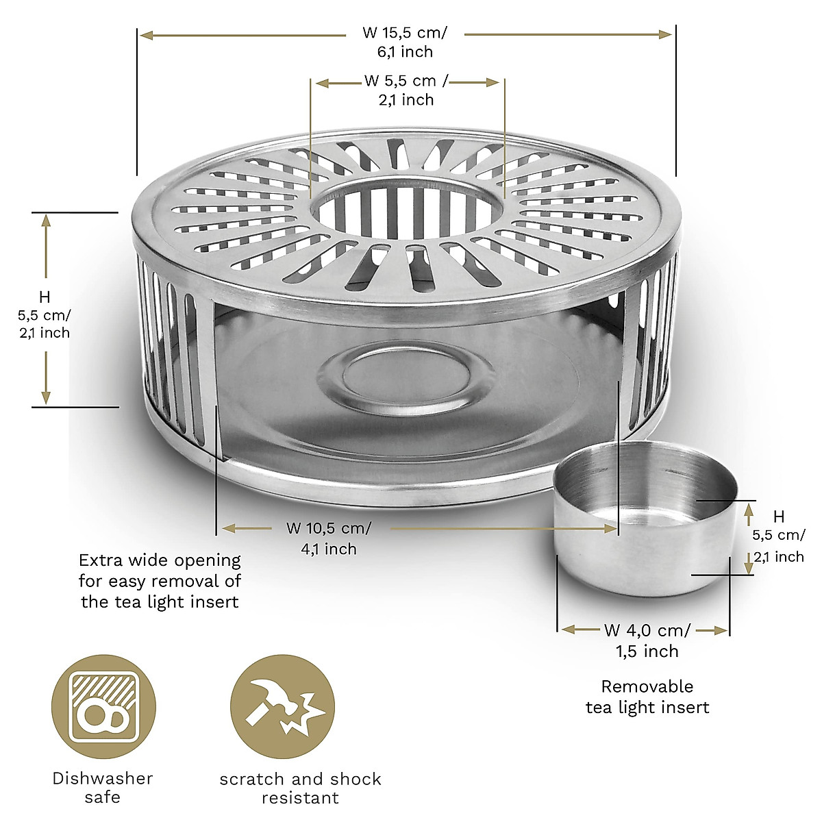 Creano Designer Stainless Steel Tea Warmer with Tea Light Holder - Tea Cosy - Stable Not Rattling - Rechaud Suitable for All Teapots