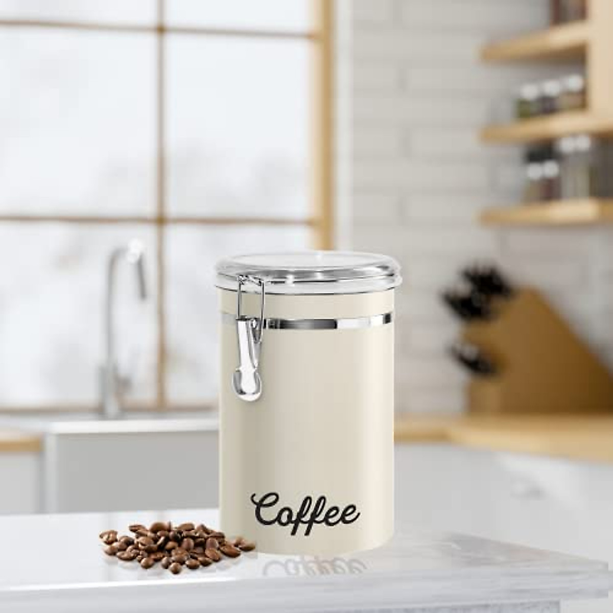 Oggi Stainless Steel Coffee Canister 62oz - Airtight Clamp Lid, Warm Gray, Tinted See-Thru Top - Ideal for Coffee Bean Storage, Ground Coffee Storage, Kitchen Storage, Pantry Storage. 5 x 7.5