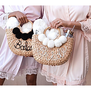 ModParty Bride Straw Purse | Honeymoon Bridal Shower Gift for Bride to Be | Handmade Summer Beach Tote Bag | Bride Bachelorette Party Outfit Essential | Straw Purse & Pom Poms