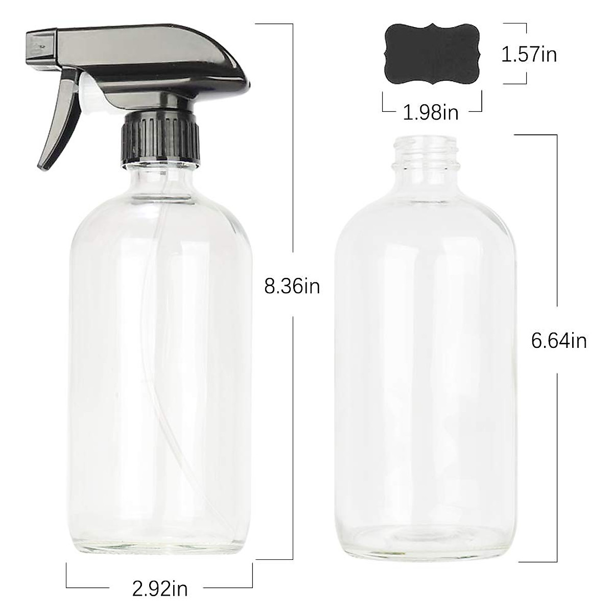 2 Pack 16 oz Clear Boston Glass Spray Bottles,Refillable Trigger Sprayers with Mist & Stream for Essential Oils, Bath, Beauty, Hair & Cleaning Products.Include 2 Durable Caps and 4 Chalk Labels.
