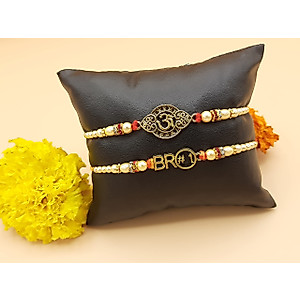 Palak Global Rakhi Bracelet for brother, Unique Design Rakhi for Brother, Bhabhi, Sister, Father and celebration with Family, Raksha Bandhan holy Rakhi. (Rakhi Design Om and Bro, Set of 2, Small)