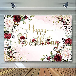 Avezano Happy Birthday Backdrop for Women Burgundy White and Red Rose Gold Glitter Bokeh Spots Photo Background Vinyl Birthday Party Decorations Banner Supplies (7x5ft)
