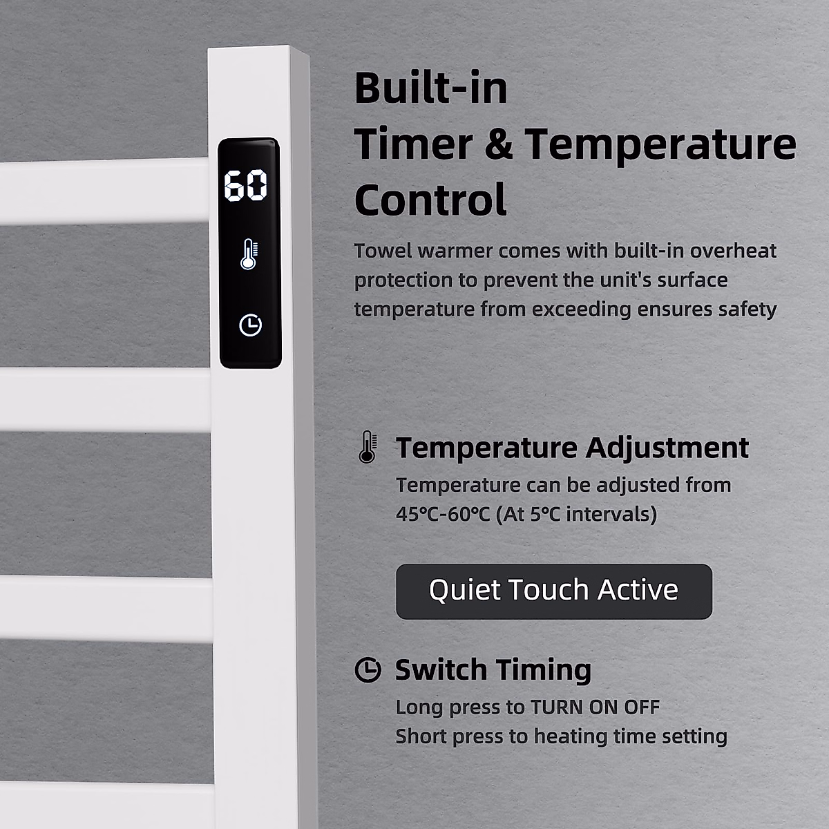 Towel Warmer Rack with Timer and Temperature Control Electric Heated Freestanding Towel Heater with Overheat Protection for Bathroom Rack with 8 Bars
